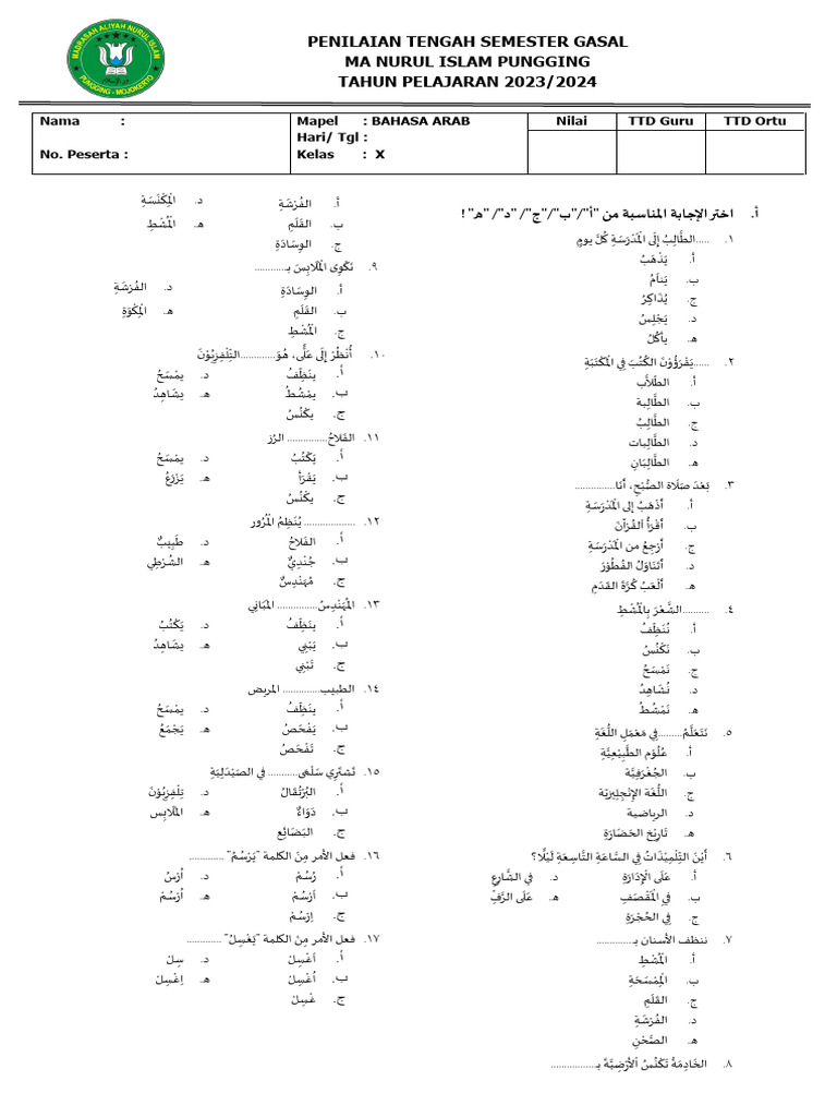 Soal STS Bahasa Arab 10 Genap | PDF