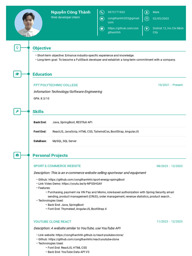 CV Intern Web Nguyen Cong Thanh | Download Free PDF | Angular Js | Bootstrap (Front End Framework)