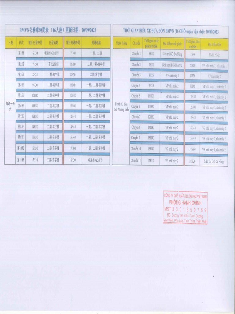 LỊCH XE 16C 20.9.2023 | PDF