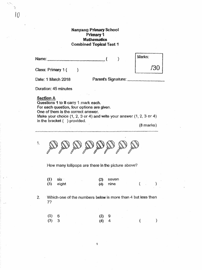 P1 Maths 2018 Nanyang Test1 Papers | PDF