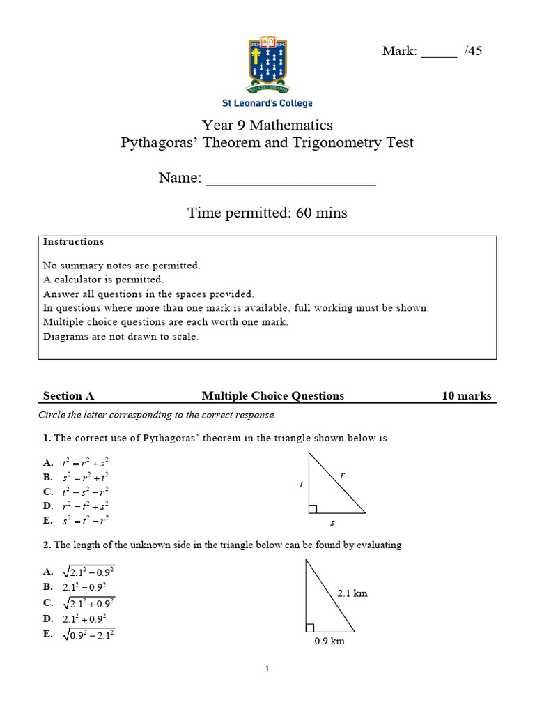 Year 9 Pythagoras and Trigonometry Test 2021 | PDF | Triangle ...