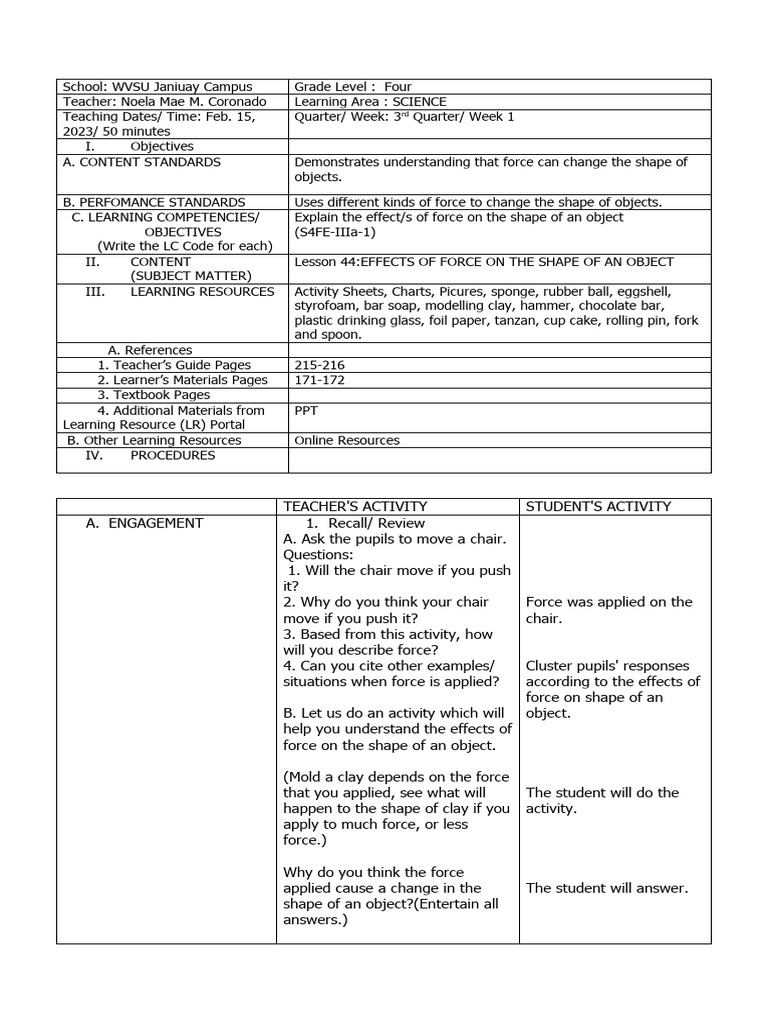 Week 1 Lesson Plan in Science 4 | PDF | Force | Learning