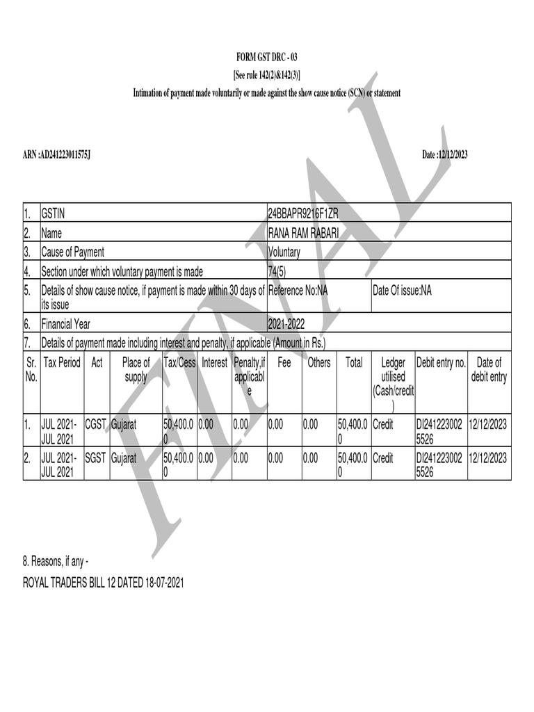 Royal Traders DRC-03 Dated 12.12.2023 (100800) | PDF | Financial ...