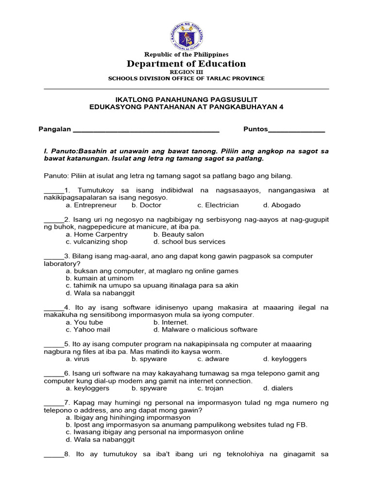 Grade-4_EPP_3rdExam | PDF