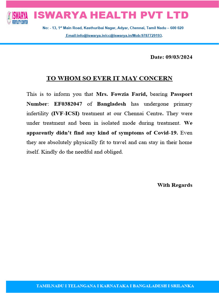 IVF Treatment Confirmation Letters | PDF | Tamil Nadu | In Vitro ...
