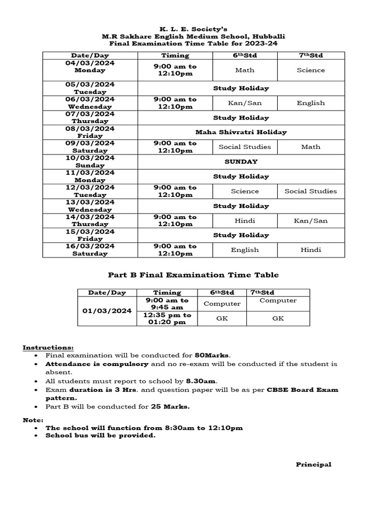 Final Exam Time Table 6 & 7 | PDF