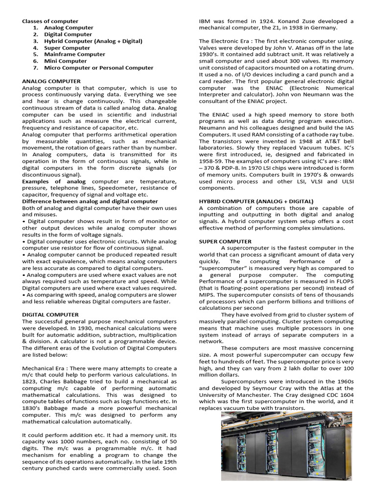 Classes of Computer | Download Free PDF | Microcomputers | Mainframe Computer