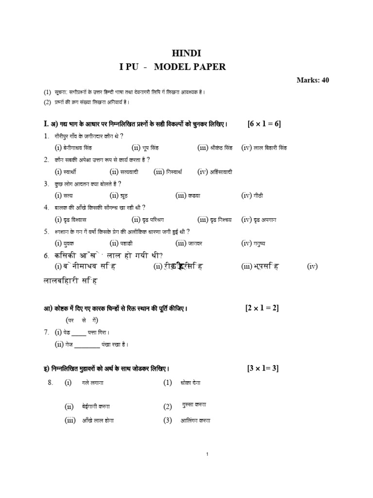 Hindi-1st PU - Model Paper-40 Marks | PDF