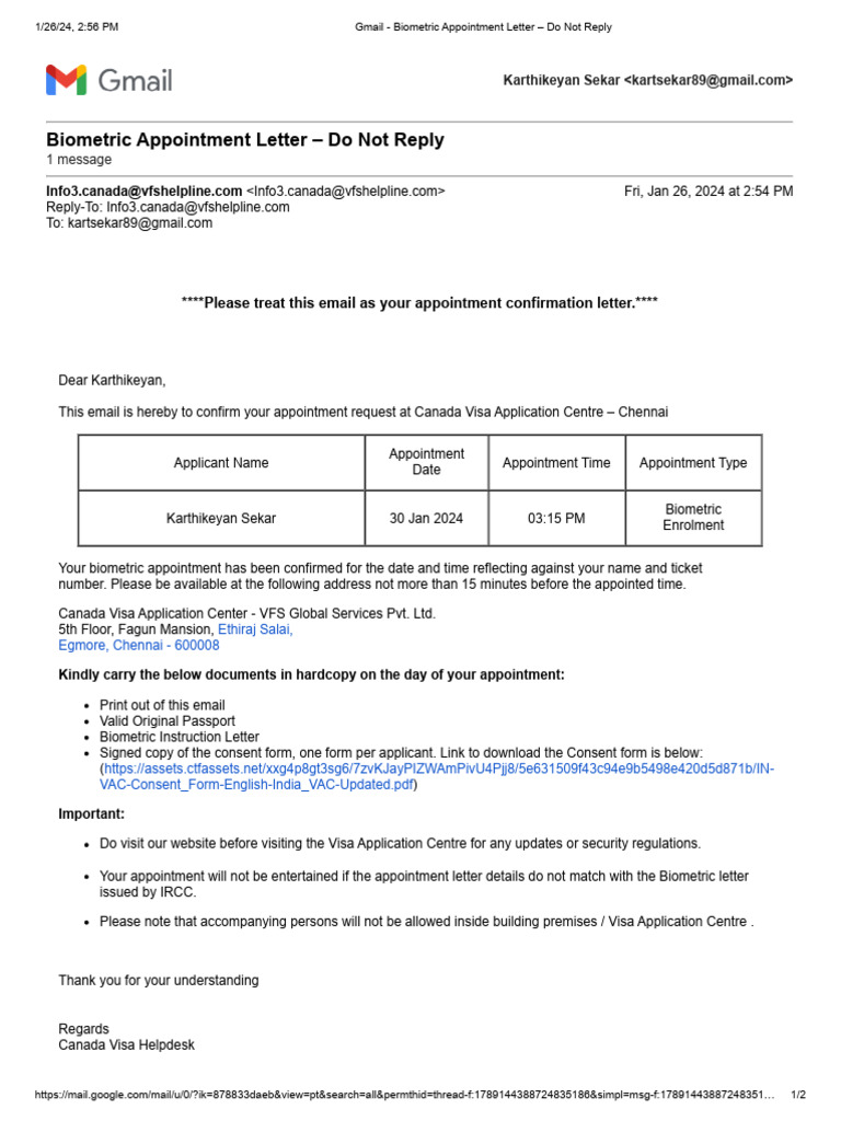 Gmail - Biometric Appointment Letter - Do Not Reply Backup | PDF ...