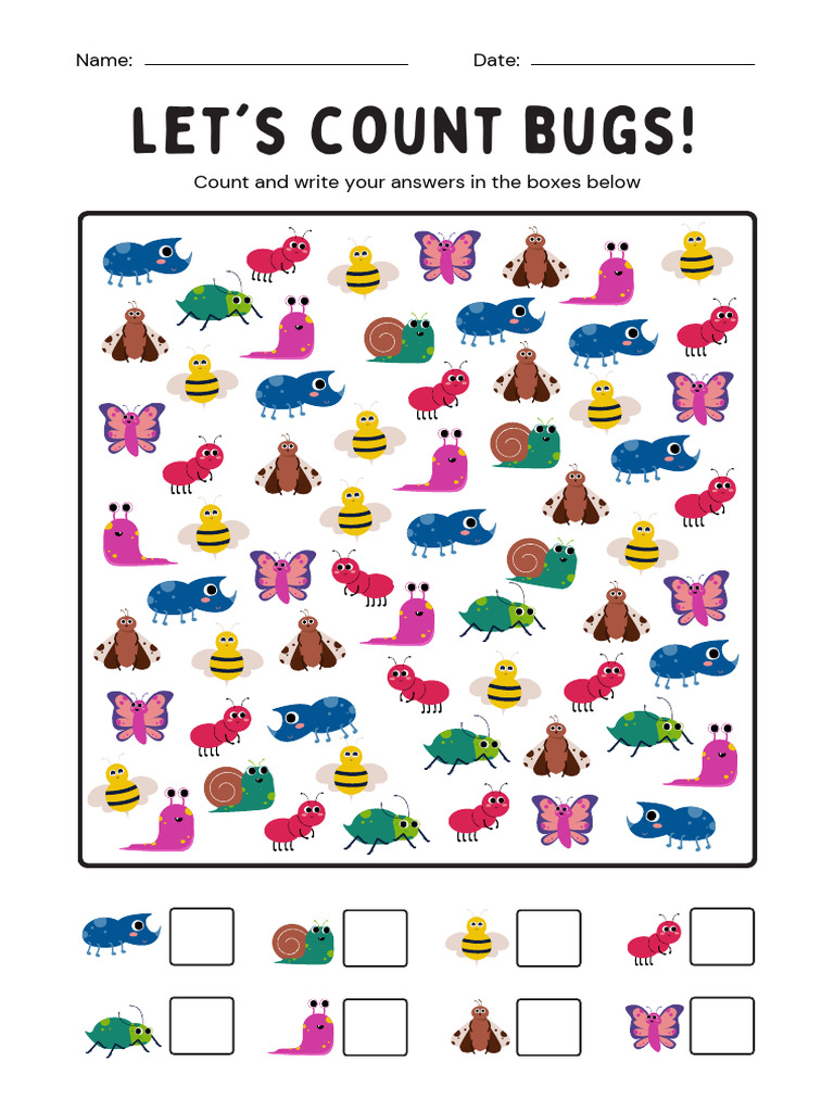White Colorful Let's Count Bugs Worksheet | PDF