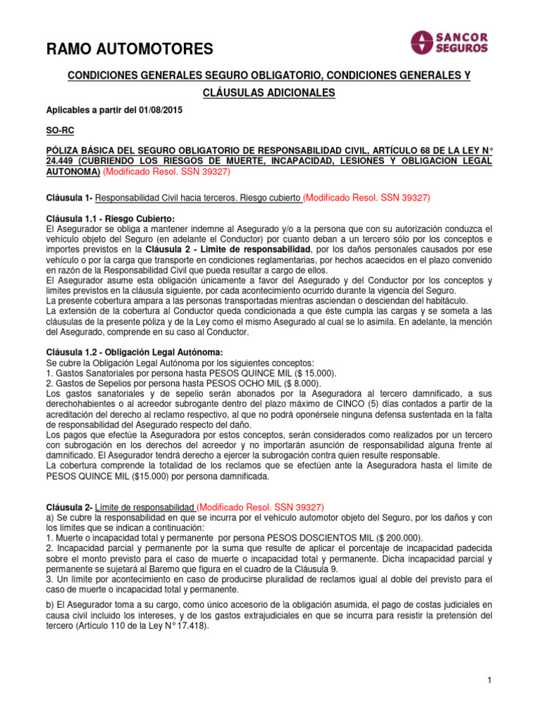 condiciones-generales-seguro-obligatorio---co20151116101135573 | PDF | Póliza de seguros | Seguro