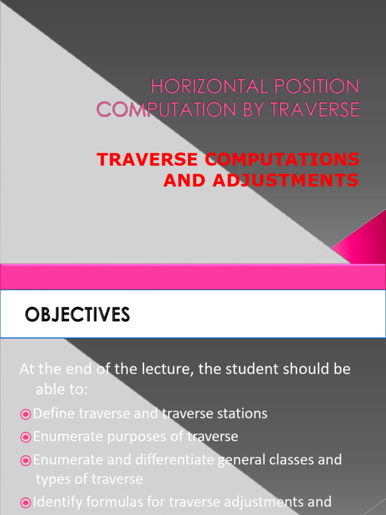 Horizontal Position Computation by Traverse | PDF | Surveying | Geodesy Horizontal Position Computation by Traverse | PDF | Surveying | Geodesy