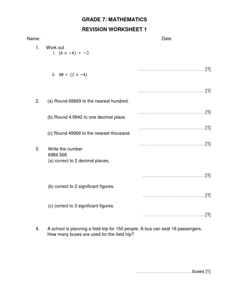 GRADE 7i - Revision Worksheet 1 | PDF | Litre | Significant Figures