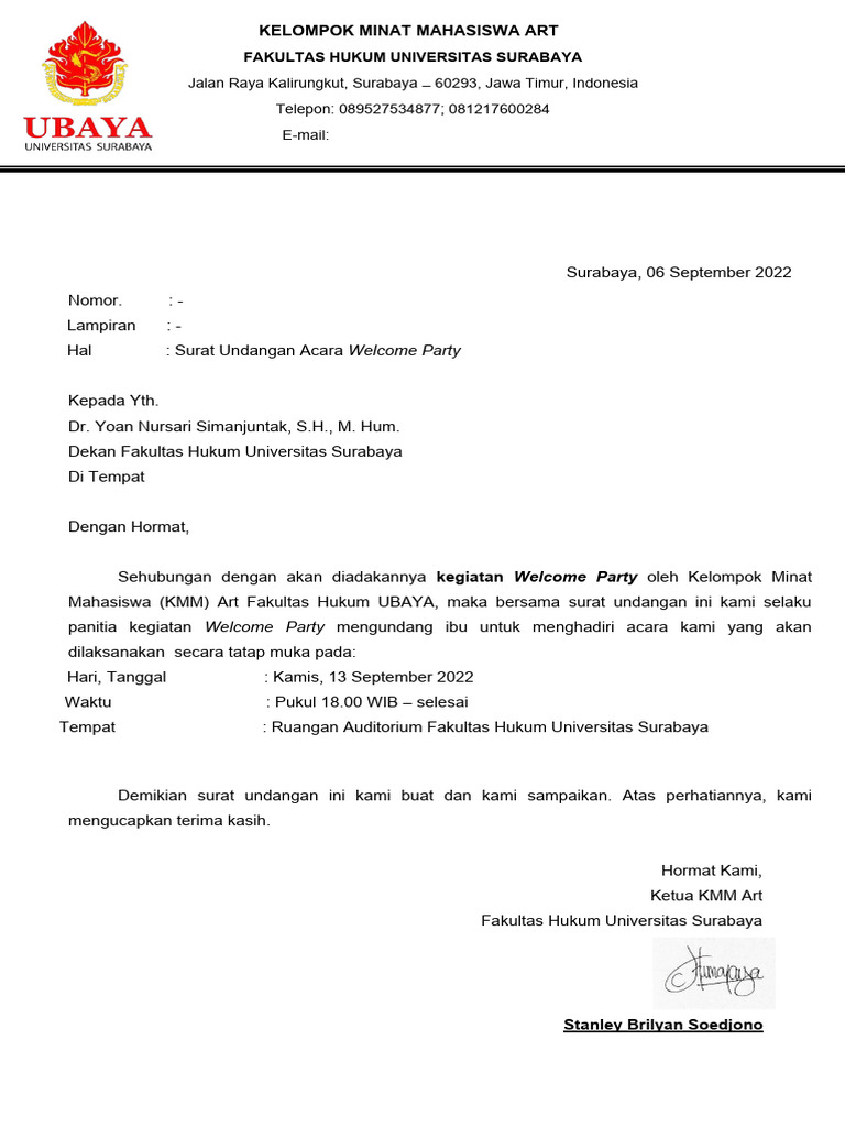 BU YOAN_SURAT UNDANGAN WELCOME PARTY KMM ART 2022-2023 | PDF