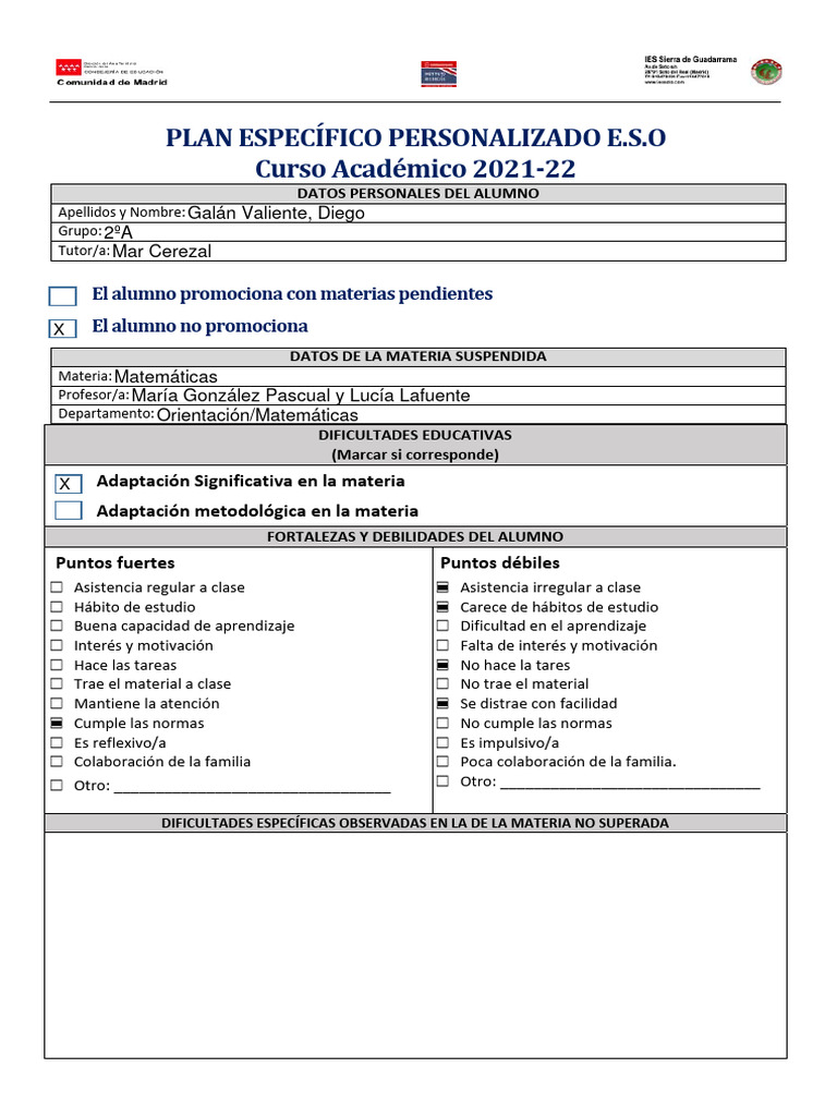 Plan Específico Personalizado Refuerzo Diego Galán | PDF | Maestros | Evaluación