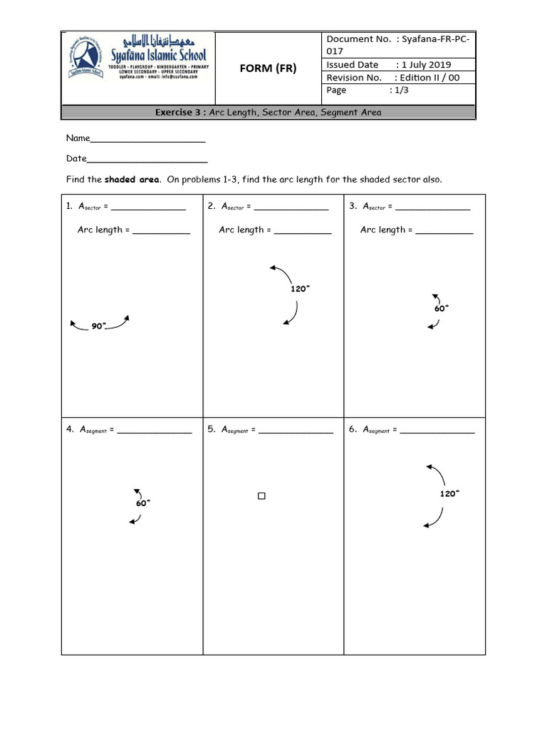 Sector Area and Arc Length Exercises | PDF | Area | Circle