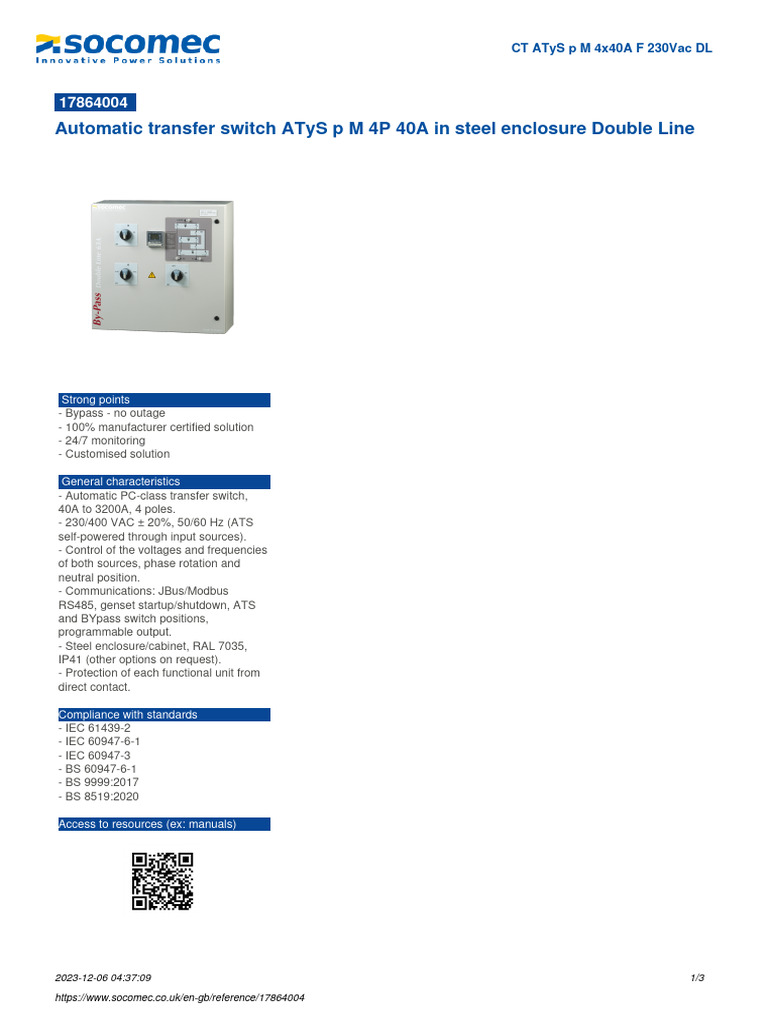 Automatic Transfer Switch Atys P M 4P 40A in Steel Enclosure Double ...