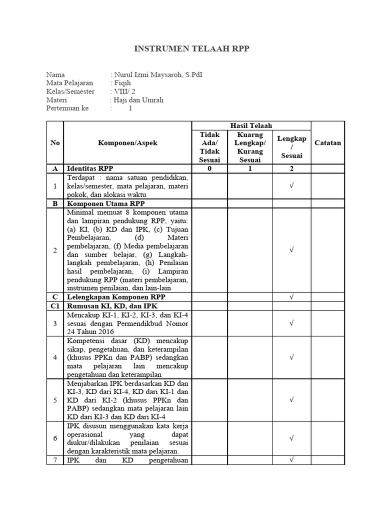 Instrumen Telaah RPP | PDF