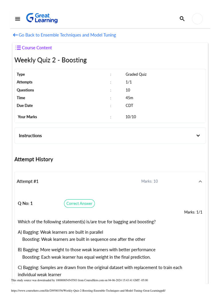 Weekly Quiz on Boosting Techniques | PDF | Statistical Analysis ...