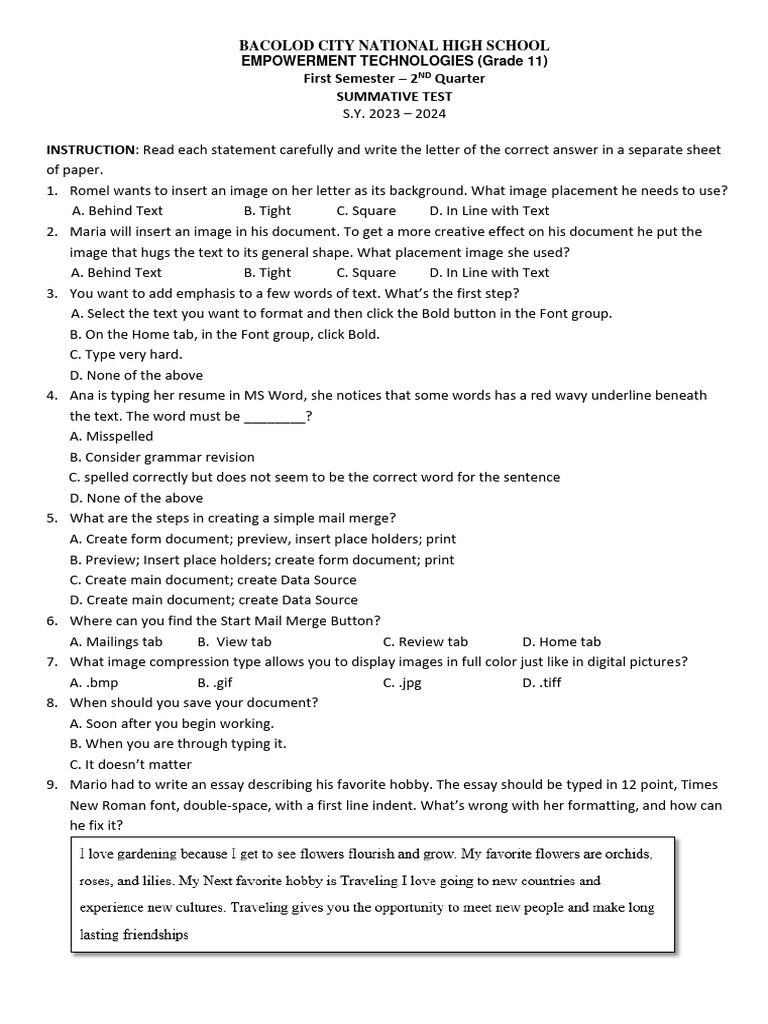 Emp - Tech - Q2 Summative Test G11 | PDF | Paragraph | Hyperlink