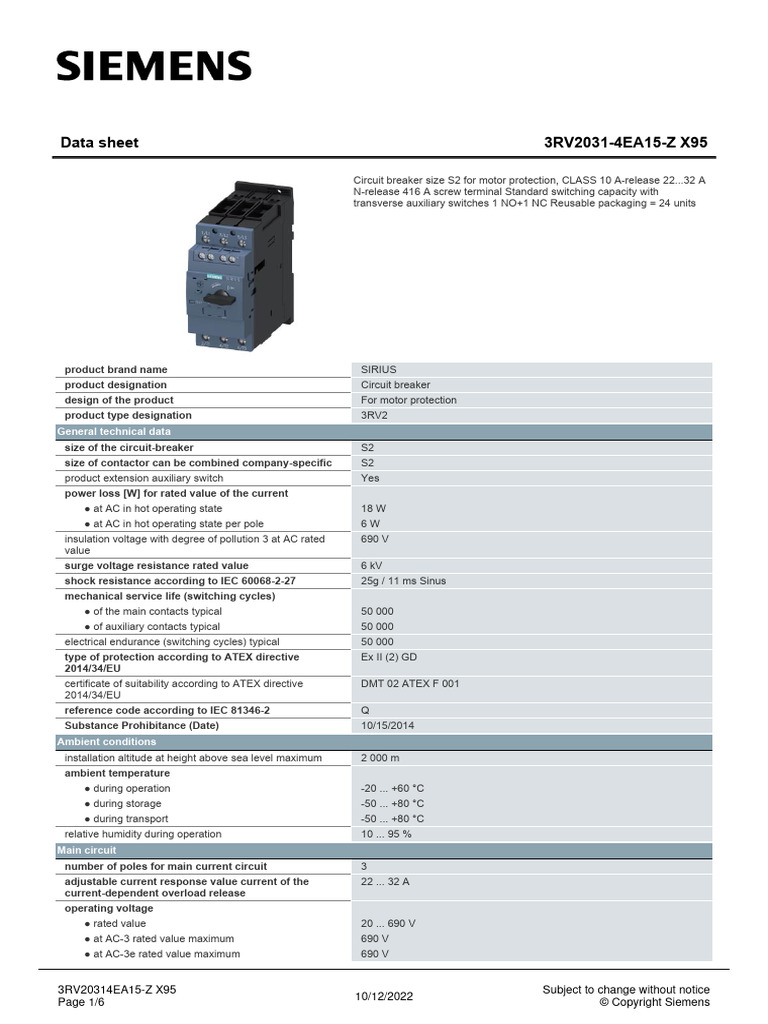 3RV20314EA15-Z+X95 Datasheet en | PDF | Electrical Components | Electronics