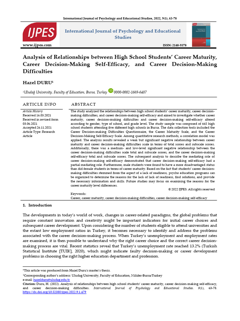 Analysis of Relationships Between High School Students - Career Maturity, Career Decision-Making ...