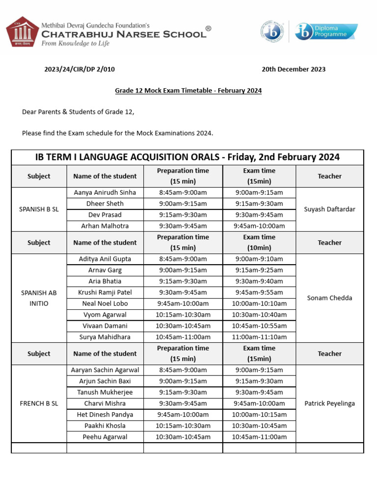Grade 12 Mock Exam Timetable 2024 | PDF | Science