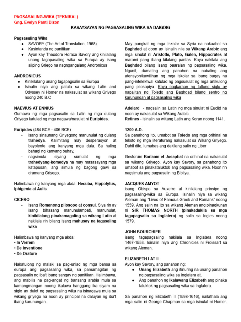 Pagsasaling Wika - Reviewer (Midterm) | PDF