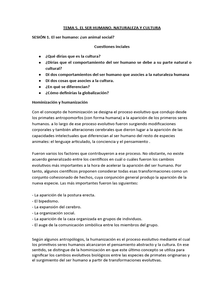 Tema 5 El Ser Humano Naturaleza y Cultura | Descargar gratis PDF | Evolución | Existencia