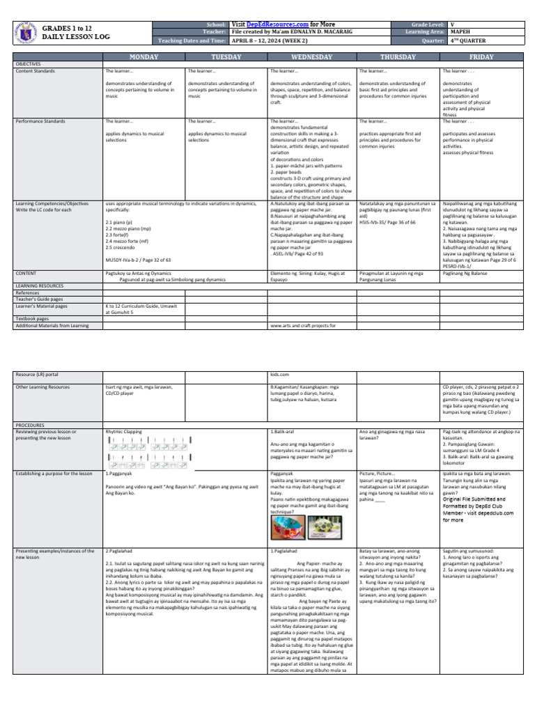 DLL - Mapeh 5 - Q4 - W2 | PDF | Learning