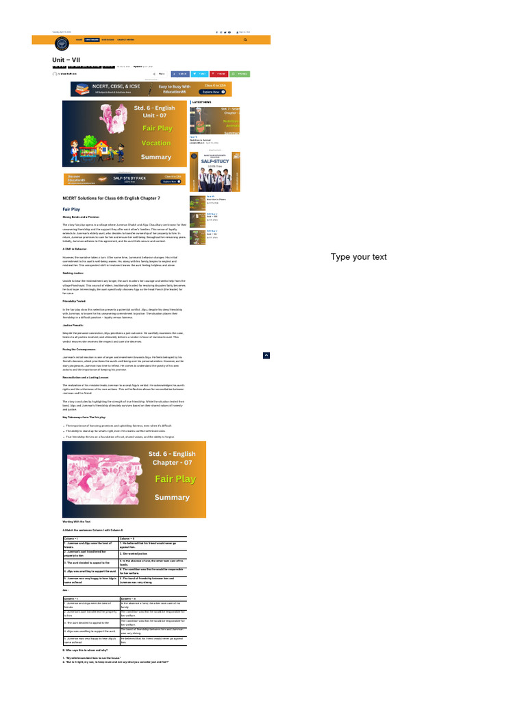 NCERT Solutions For Class 6th English Chapter 7: Fair Play & Vocation ...