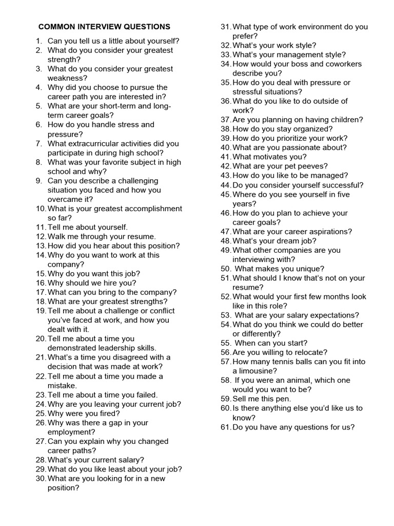 Common Interview Questions | PDF | Behavioural Sciences | Psychology