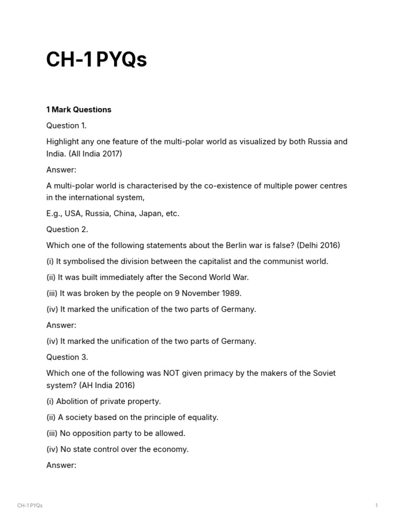 CH 1 PYQS Pols | PDF | Soviet Union | World Politics