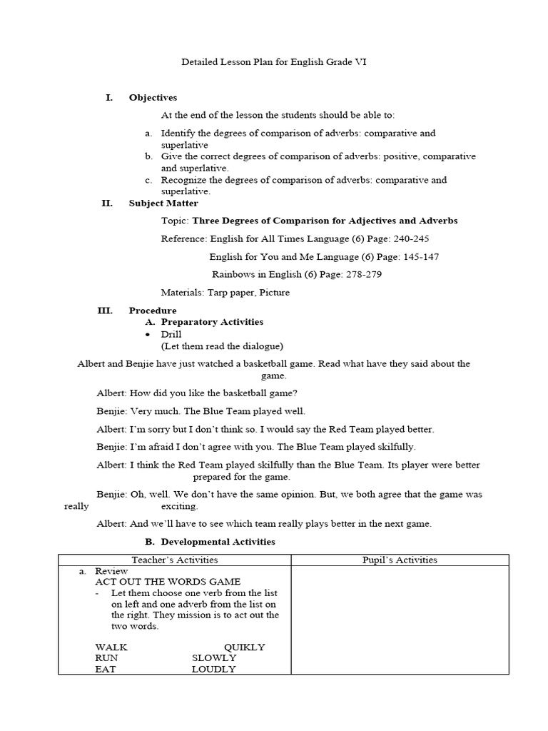 Detailed Lesson Plan For English Grade VI | PDF | Adverb | Language ...