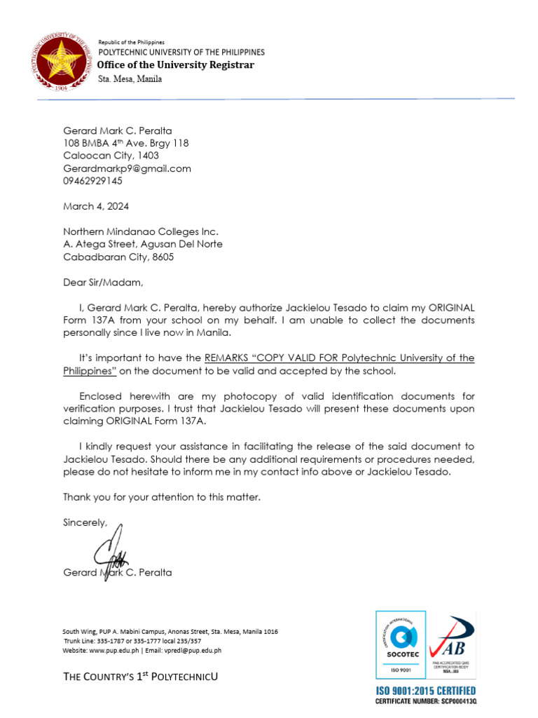 F137a Authorization Letter 1 | PDF