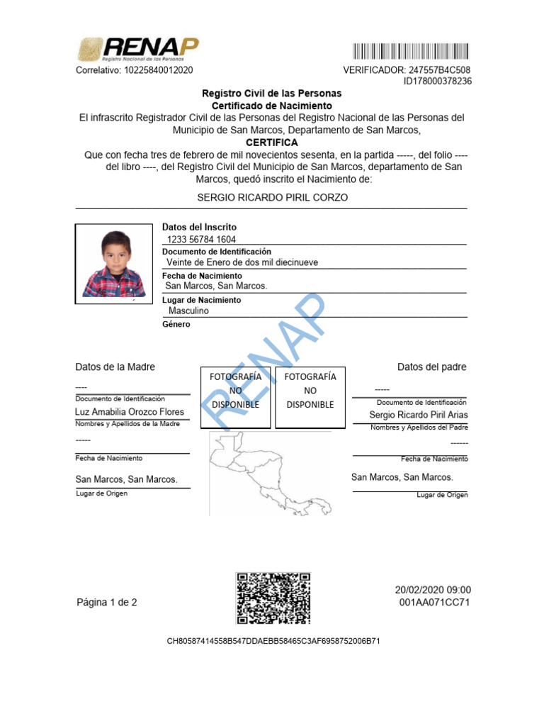 Certificado de Nacimiento Renap | Descargar gratis PDF | Autenticación ...