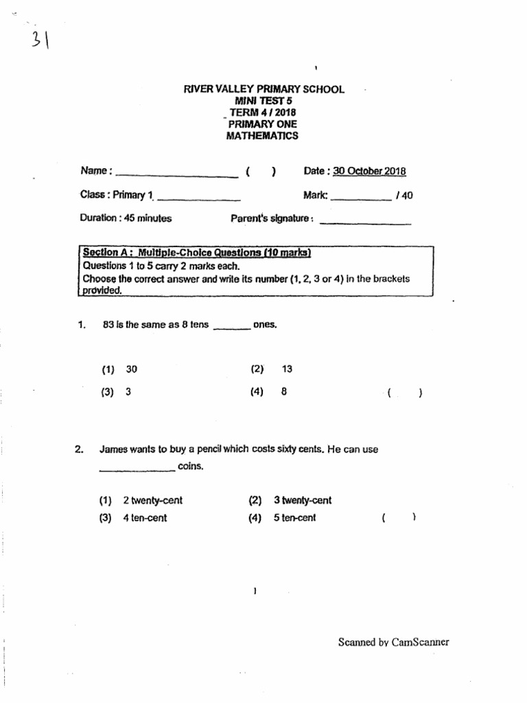 P1 Maths 2018 River Valley Test1 Papers | PDF