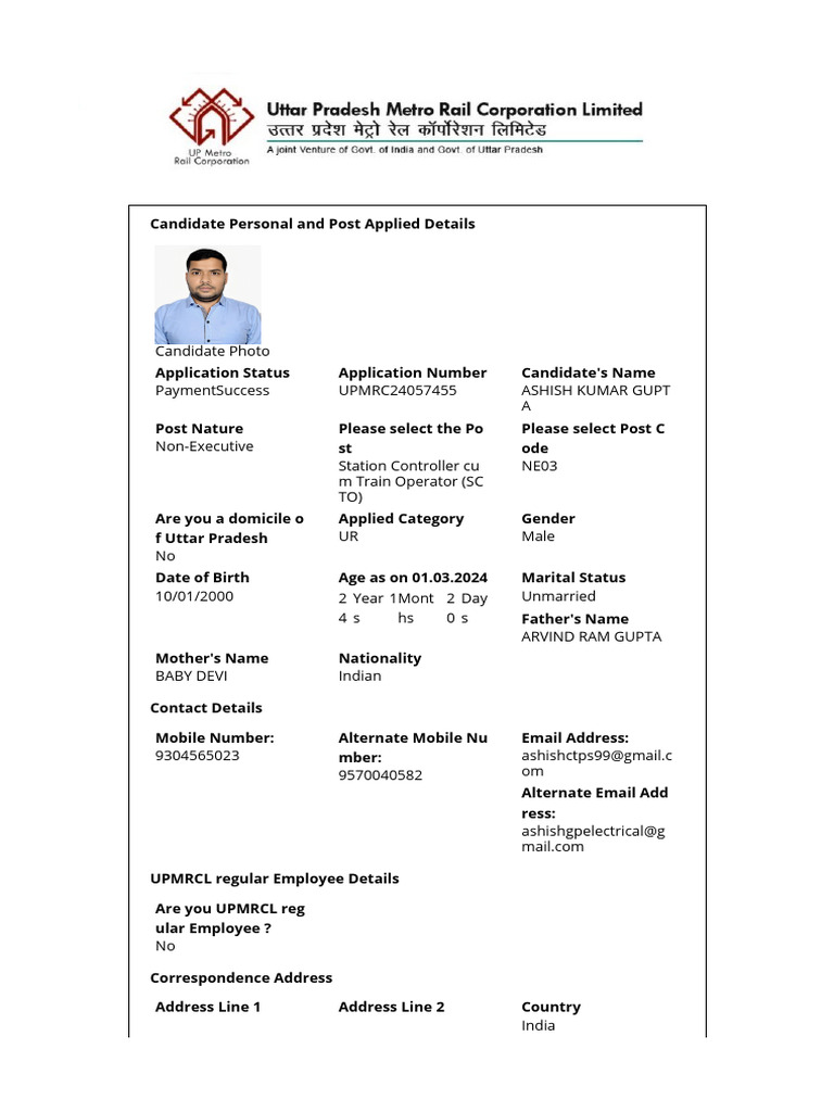 UPMRCL Application Form 2024 | PDF