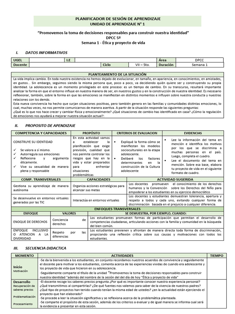 Sesion - DPCC - 5° U - 1 | PDF | Evaluación | Maestros