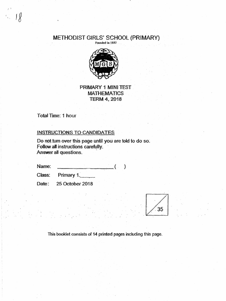 P1 Maths 2018 MGS Test2 Papers | PDF