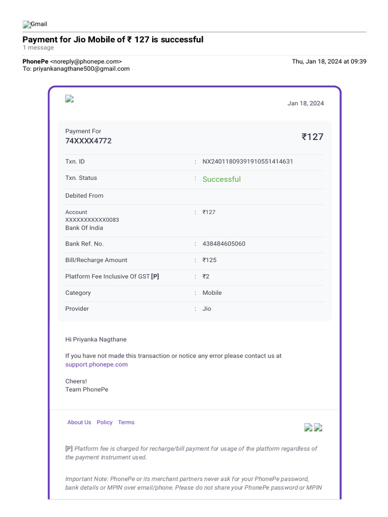 Successful Jio Mobile Payment Receipt | PDF