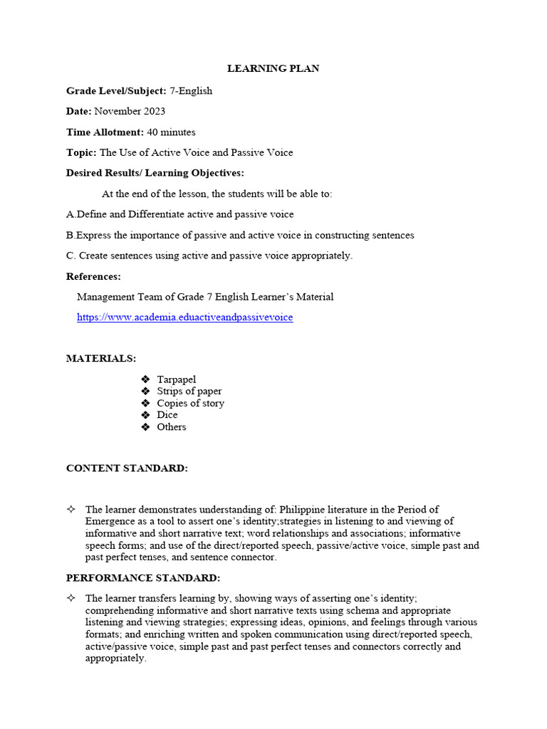 4a's Lesson Plan Passive and Active Voice | Download Free PDF ...
