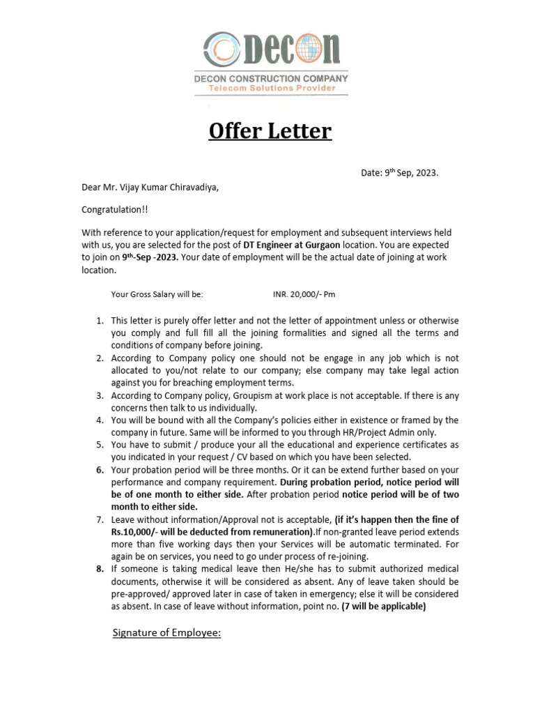OFFER LETTER - Vijay Chiravadiya | PDF | Employment | Customer