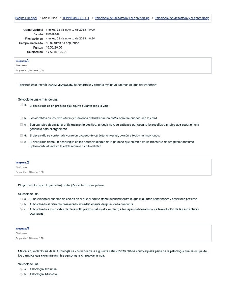 Examen Psicología Del Desarrollo y El Aprendizaje | Descargar gratis PDF | Sicología | Aprendizaje