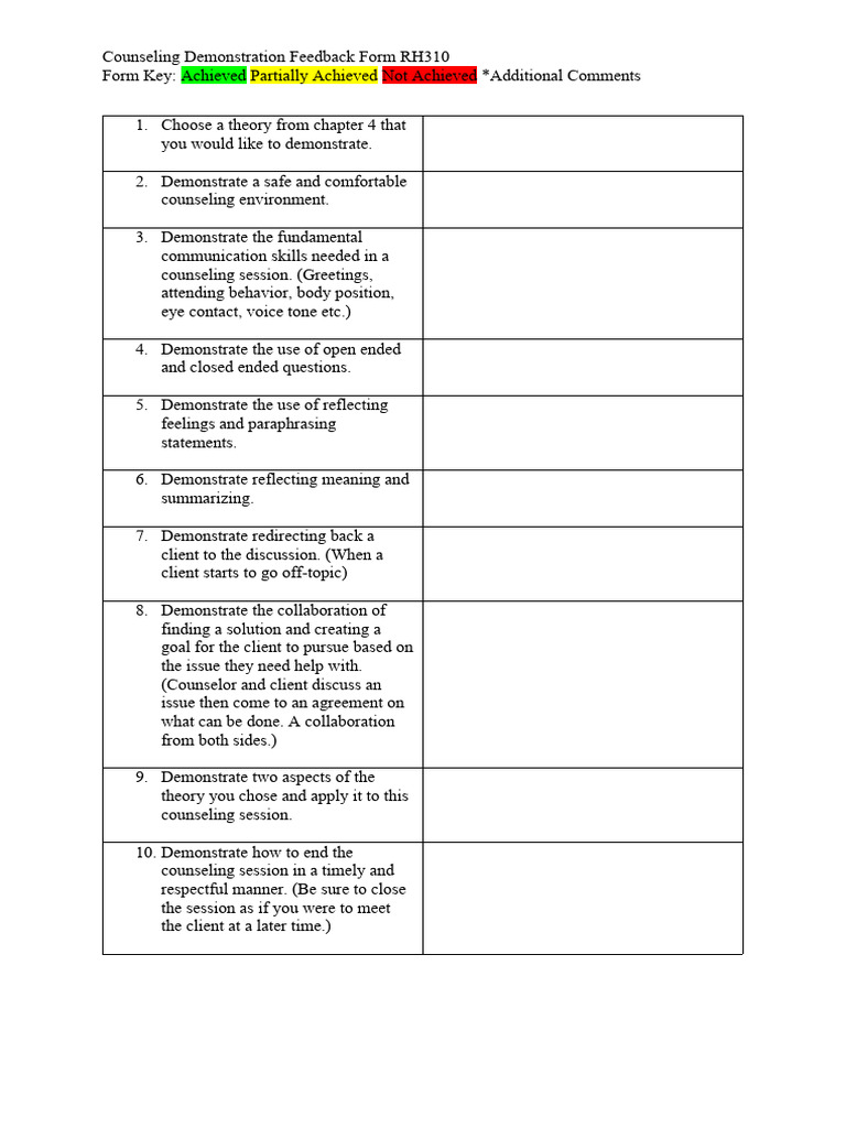 Counseling Demonstration Feedback Form | PDF