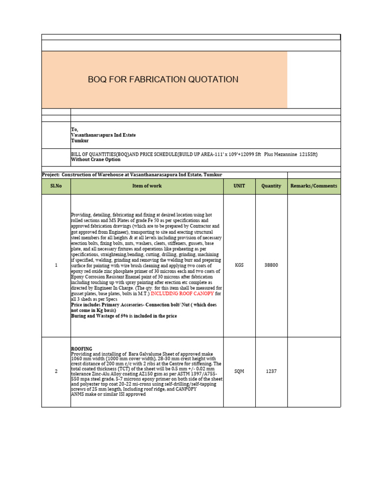 BOQ for Warehouse Fabrication Quotation | PDF | Sheet Metal | Metal ...