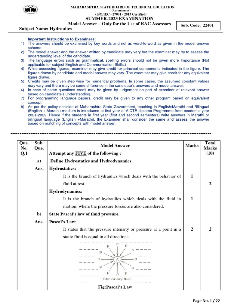 Important Instructions To Examiners:: Sub. Code: 22401 | PDF | Fluid Dynamics | Pump