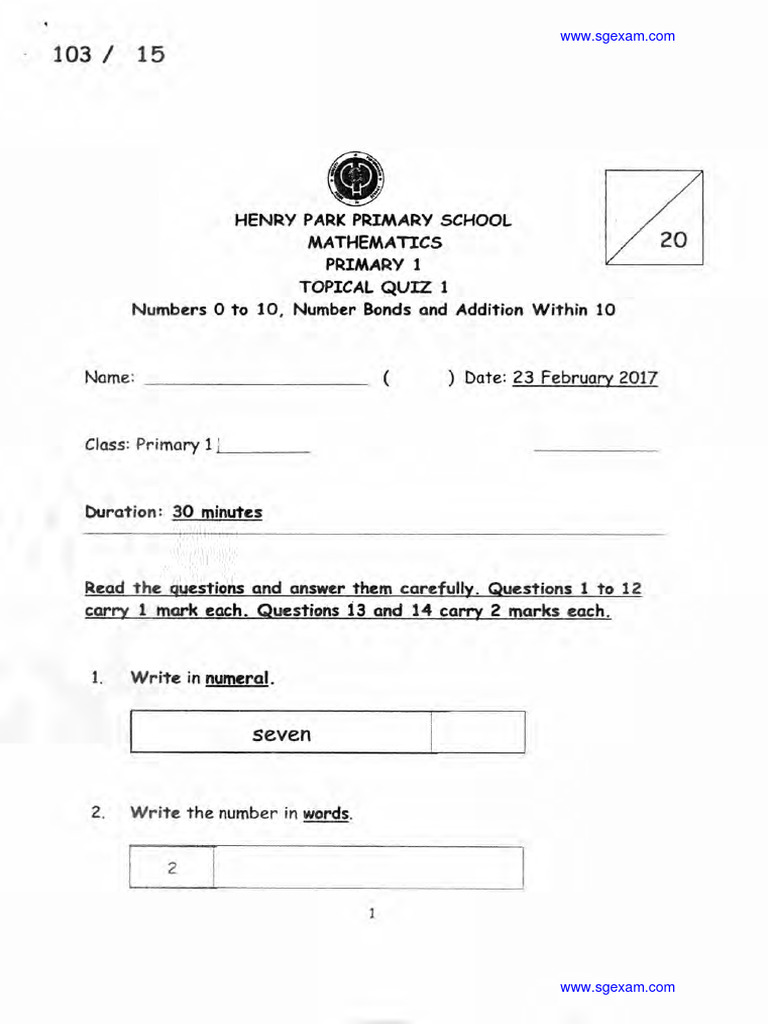 2017-P1-Maths-Test-Henry Park | PDF