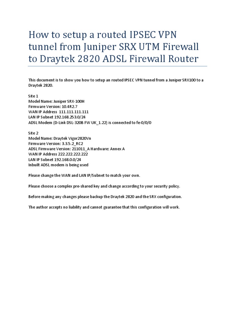 Juniper SRX to Draytek VPN Setup Guide | PDF | Virtual Private Network ...
