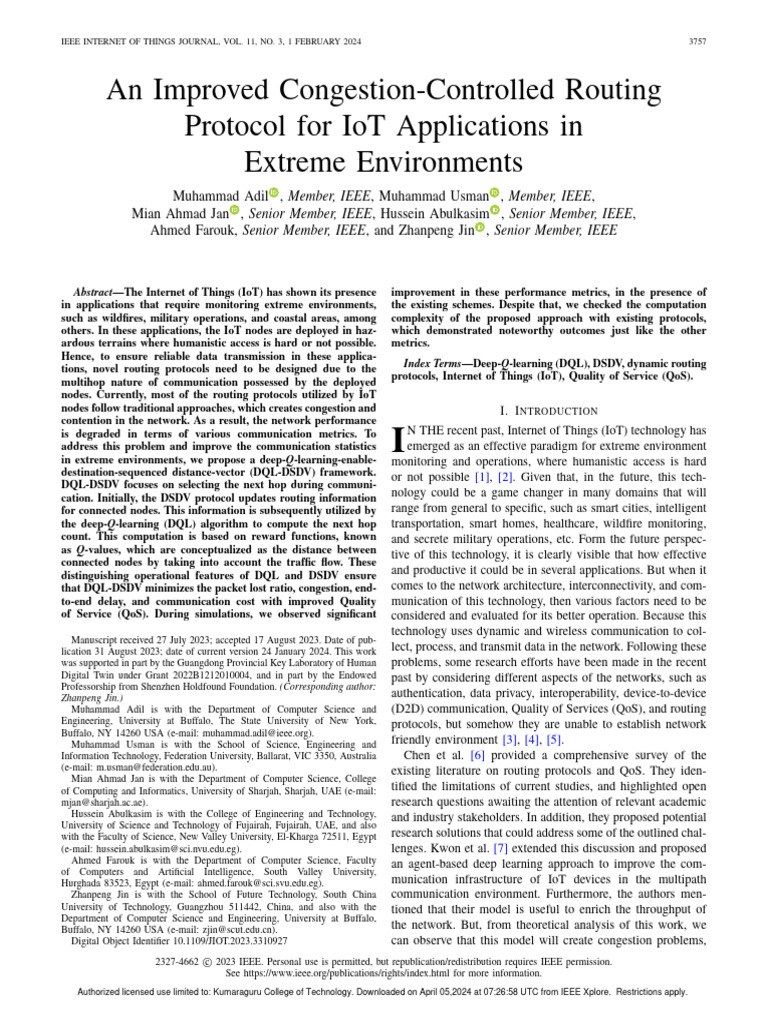 An Improved Congestion Controlled Routing Protocol For Iot Applications In Extreme Environments